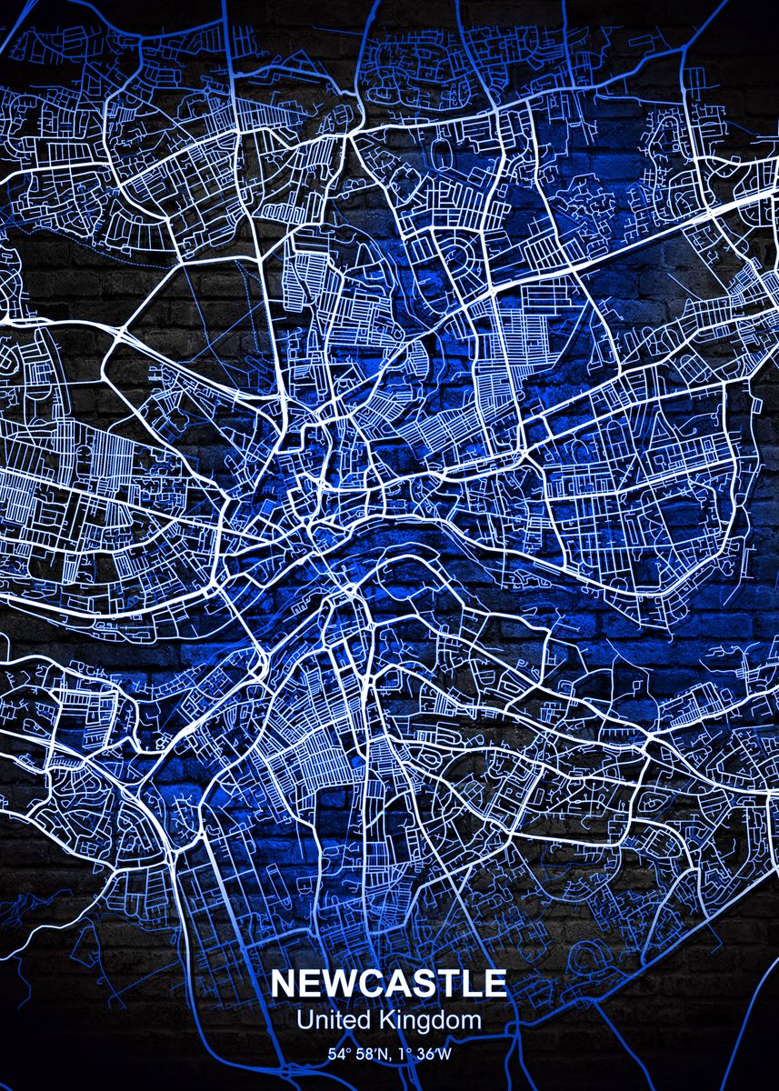 'newcastle blue wall map' Poster, picture, metal print, paint by ...