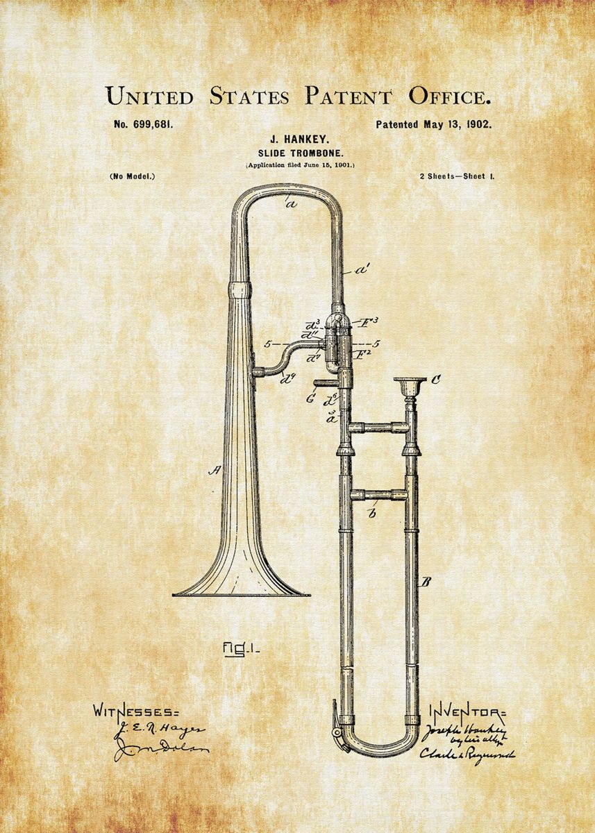'Slide Trombone Patent' Poster, picture, metal print, paint by Lloyd ...