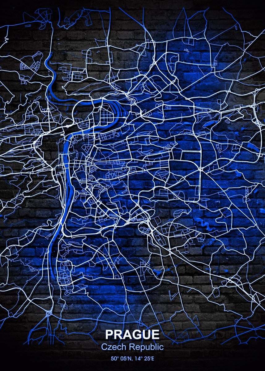 'prague blue wall map' Poster, picture, metal print, paint by Project X ...