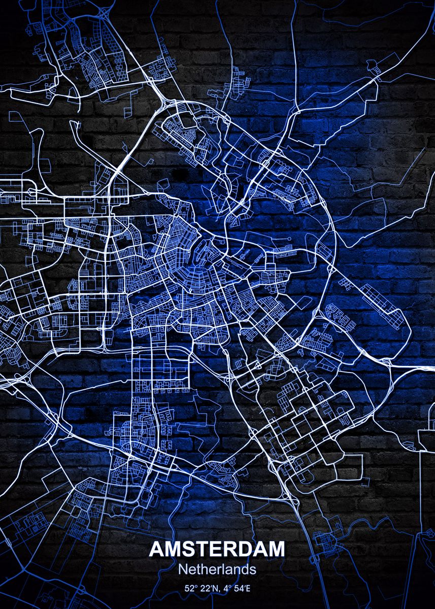 'amsterdam blue wall map' Poster, picture, metal print, paint by ...