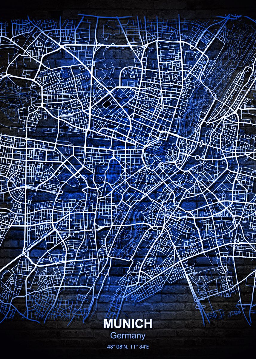 'munich blue wall map' Poster, picture, metal print, paint by Project X ...