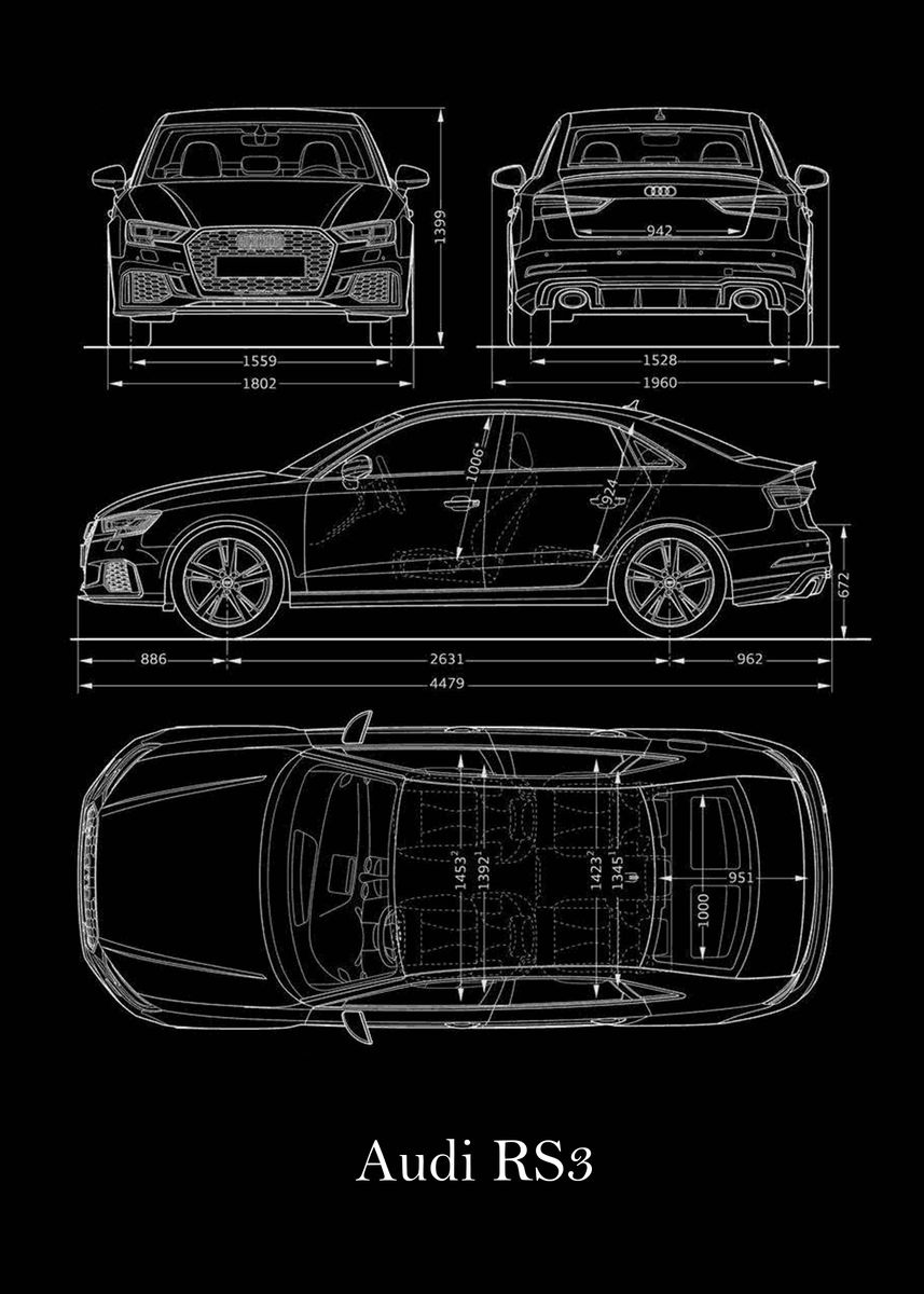 'Audi RS3 2017 Blueprint ' Poster, picture, metal print, paint by B & W ...