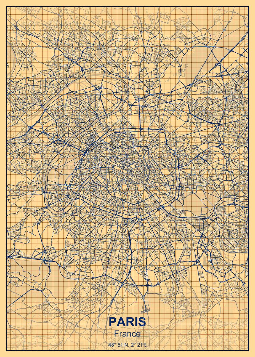 'paris france grid map' Poster, picture, metal print, paint by Project ...