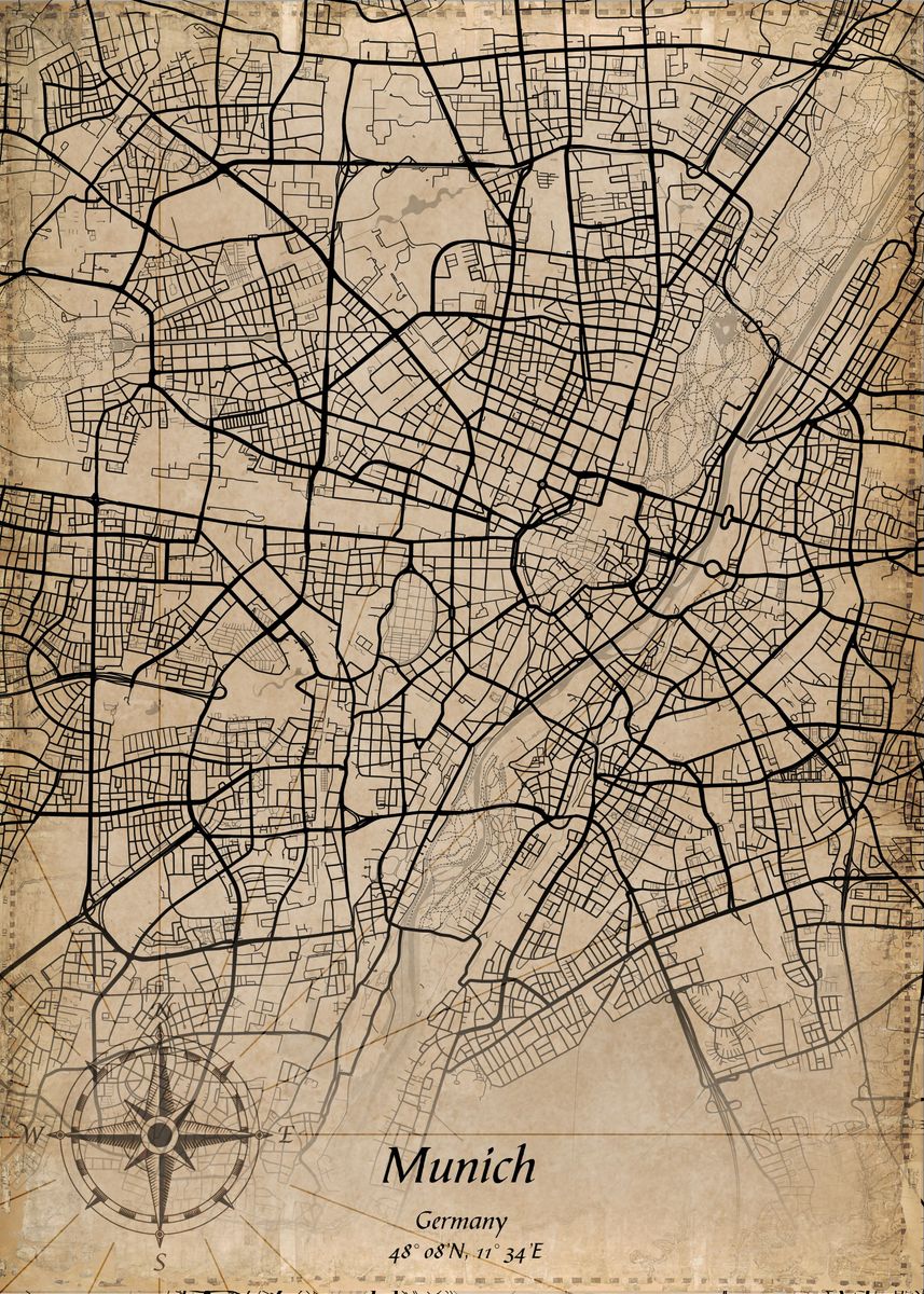'munich vintage city map' Poster, picture, metal print, paint by ...