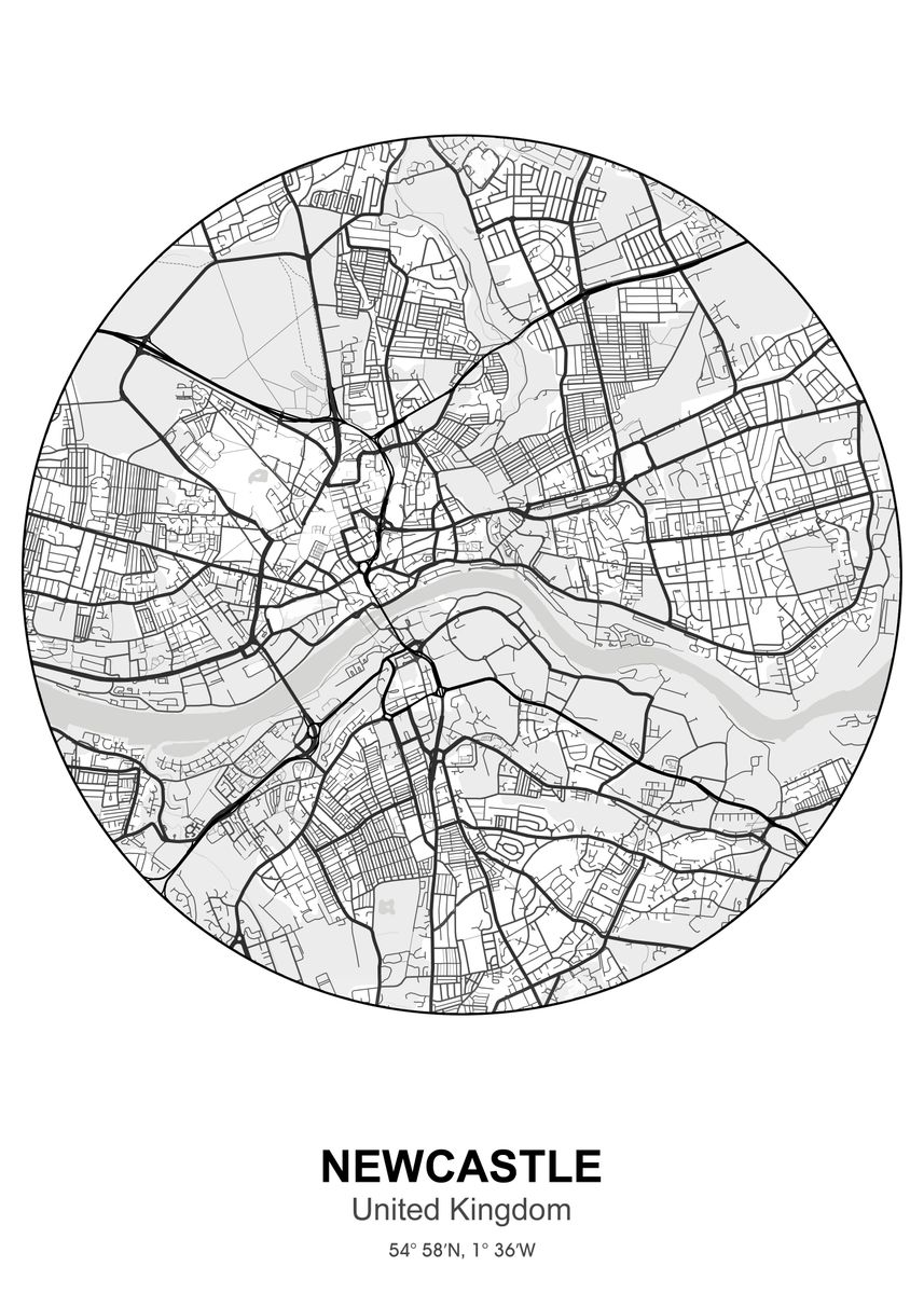 'newcastle circle map white' Poster, picture, metal print, paint by ...