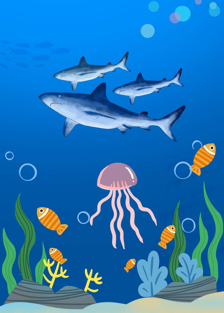 'Shark Fishes Underwater' Poster, picture, metal print, paint by Max ...