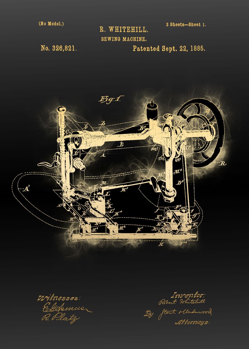 'sewing machine patent' Poster, picture, metal print, paint by Bekim ...