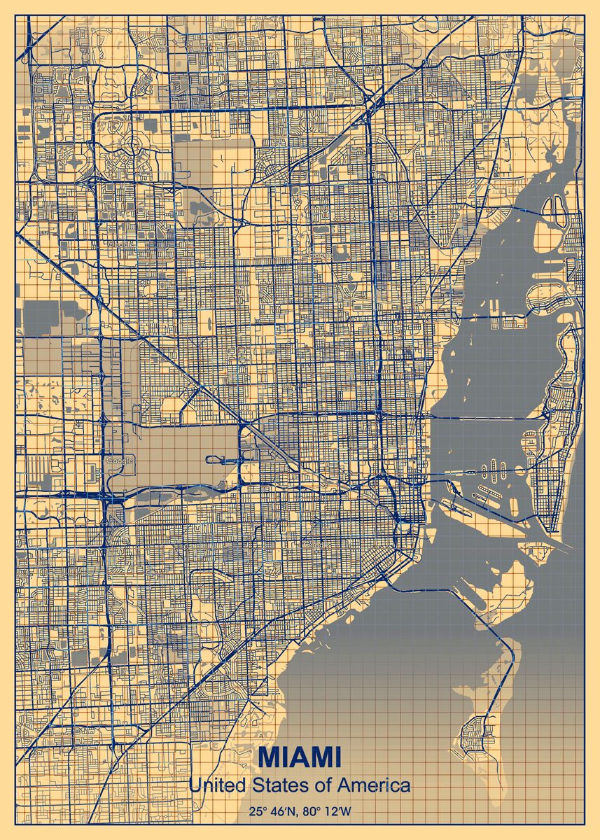 'miami paper grid map' Poster, picture, metal print, paint by Project X ...