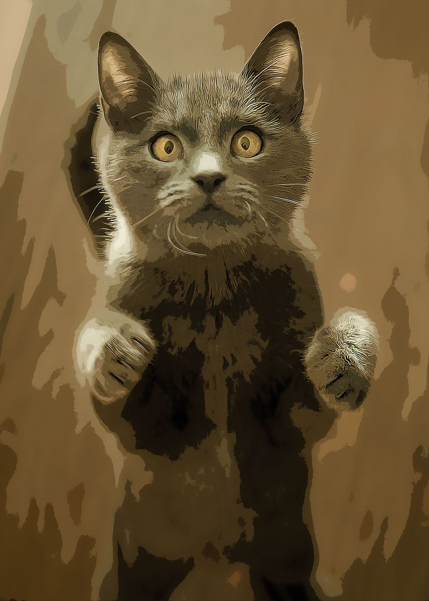 'GRAY CAT STANDING' Poster, picture, metal print, paint by Space Art ...