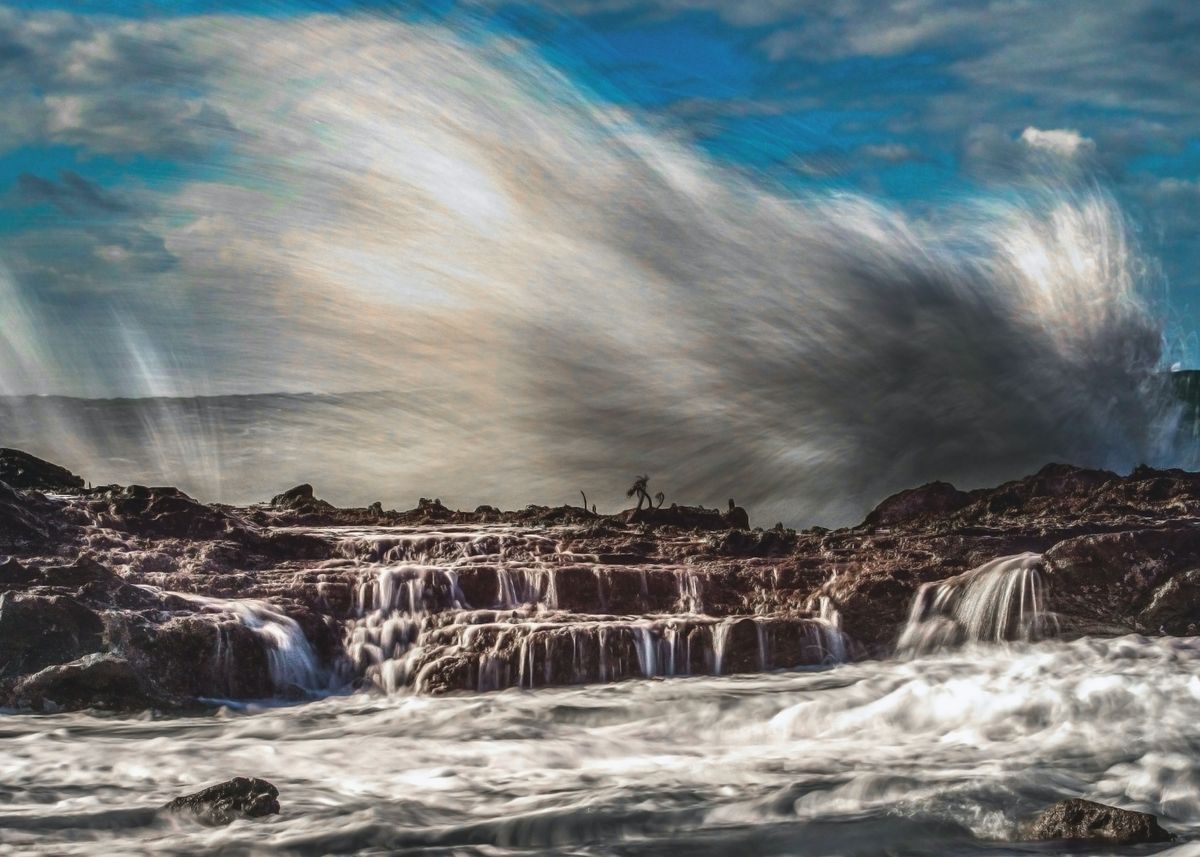 'Awesome Wave Hitting Rocks' Poster by Cornea Designs | Displate