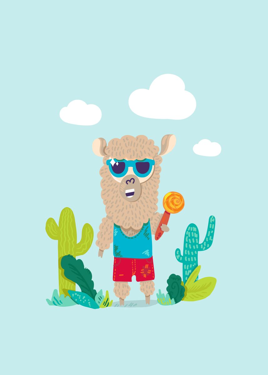 'Funny Boy Llama Cartoon ' Poster, picture, metal print, paint by ...