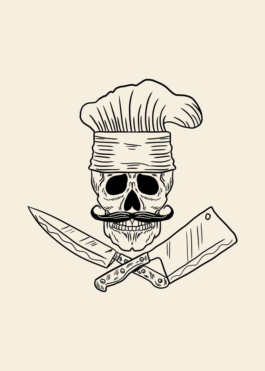 'Skull Chef with Mustache' Poster, picture, metal print, paint by ...