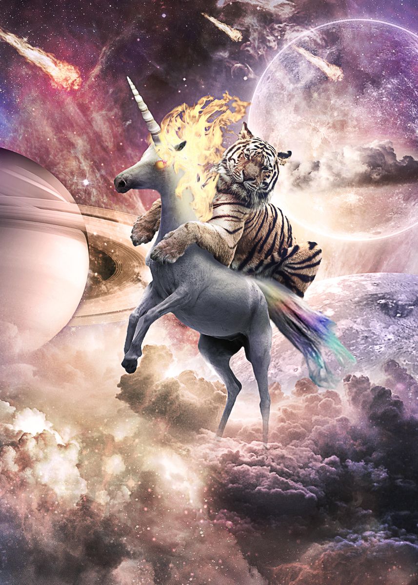 'Tiger Riding Evil Unicorn' Poster, picture, metal print, paint by ...