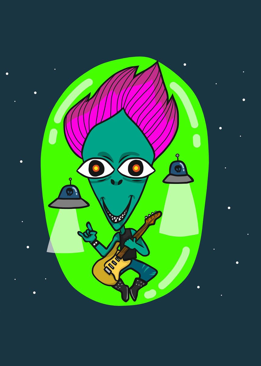 'Punk rocker alien guitar ' Poster, picture, metal print, paint by ...