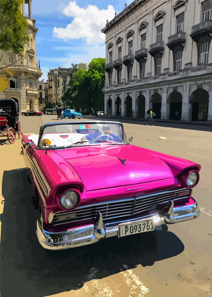 'Pink cuban car' Poster, picture, metal print, paint by Oscar | Displate