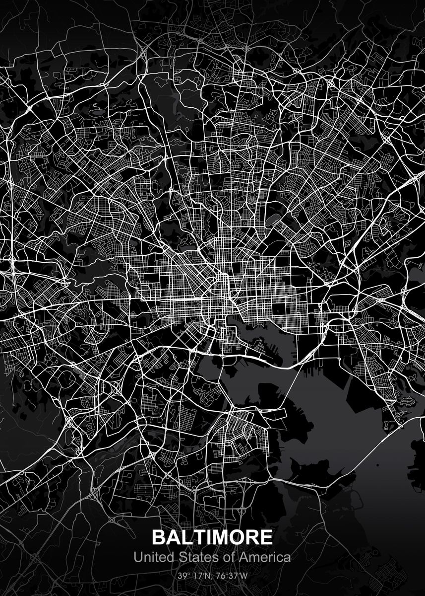 'baltimore city map black' Poster, picture, metal print, paint by ...