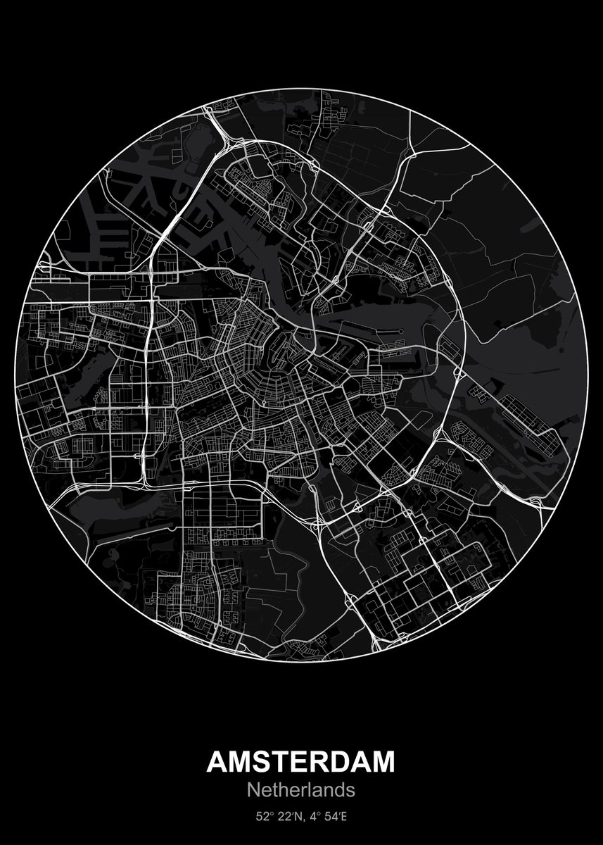 'amsterdam circle map black' Poster by Project X | Displate