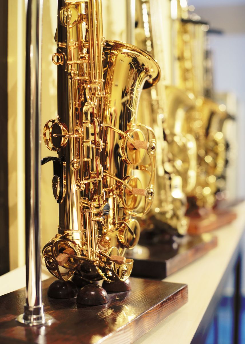 'Saxophone shiny on shelf' Poster, picture, metal print, paint by ...