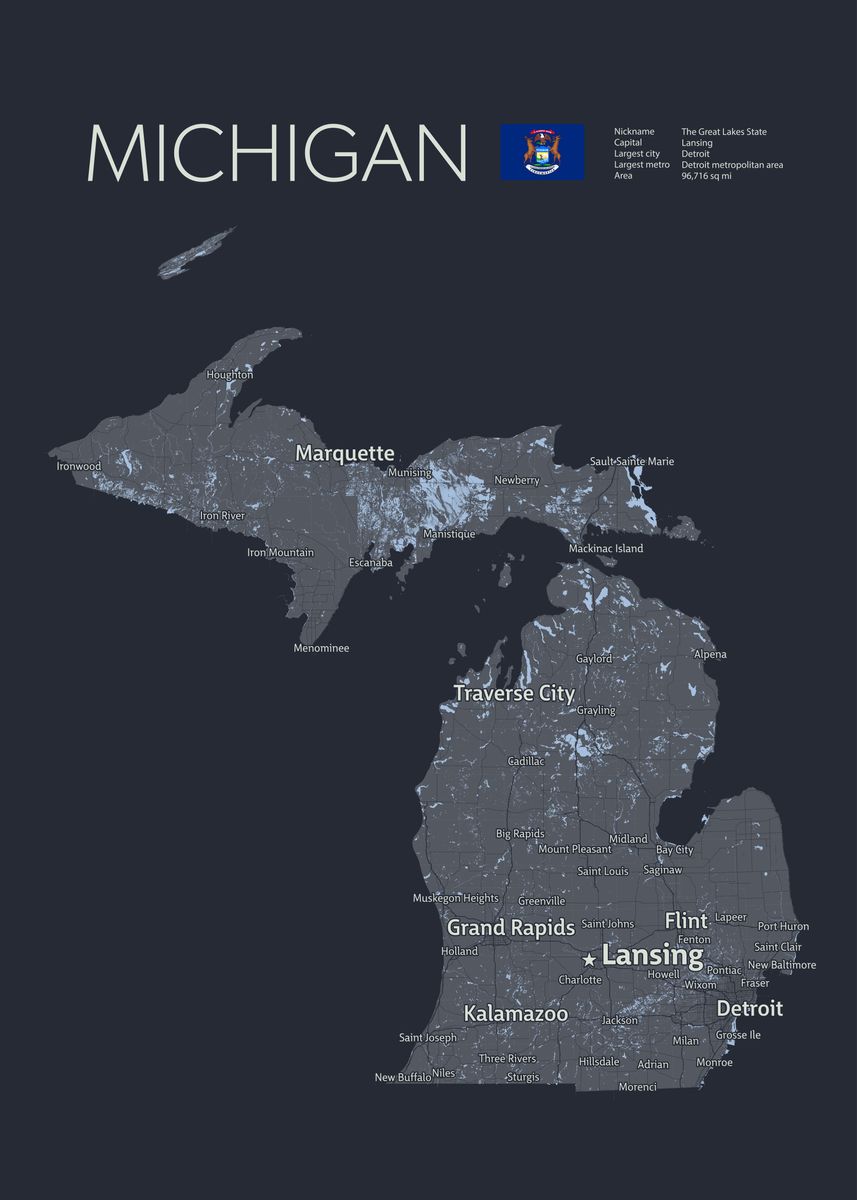 'MICHIGAN Map' Poster, picture, metal print, paint by Maksym Kapliuk ...
