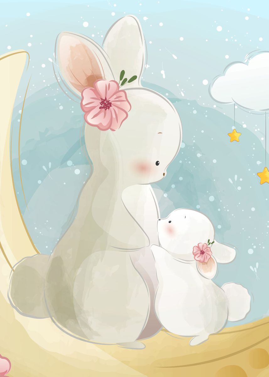 'Mommy and baby bunny' Poster, picture, metal print, paint by Queensy ...