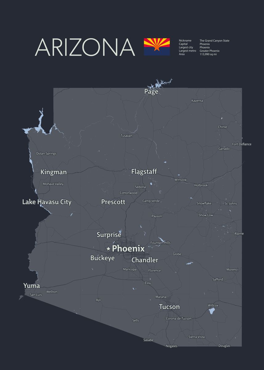 'ARIZONA Map' Poster, picture, metal print, paint by Maksym Kapliuk ...