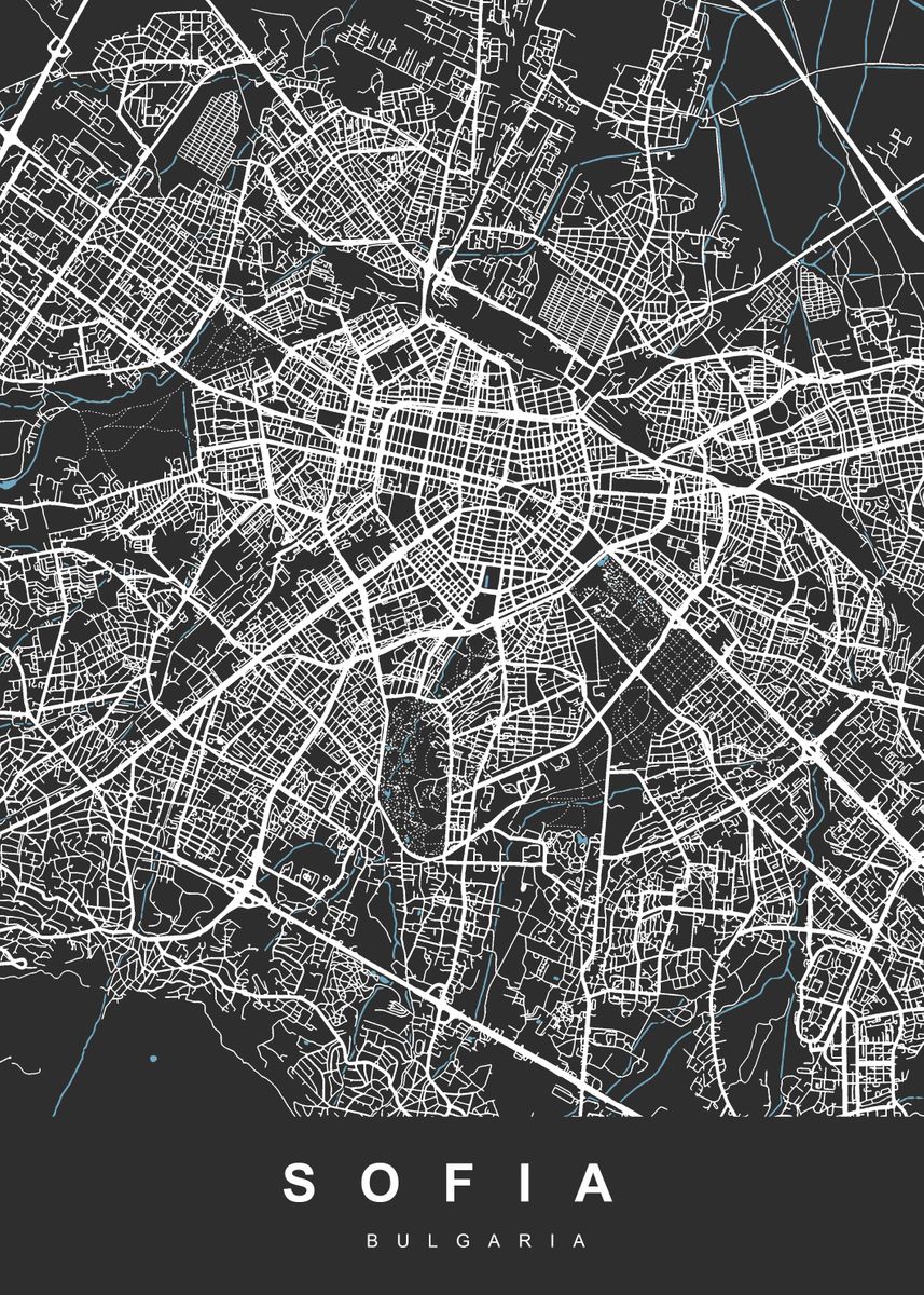 'Map Sofia Bulgaria Black' Poster, picture, metal print, paint by UrbanMaps | Displate