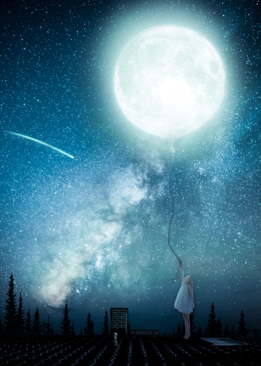 'A Little Girl and the Moon' Poster, picture, metal print, paint by Gen ...
