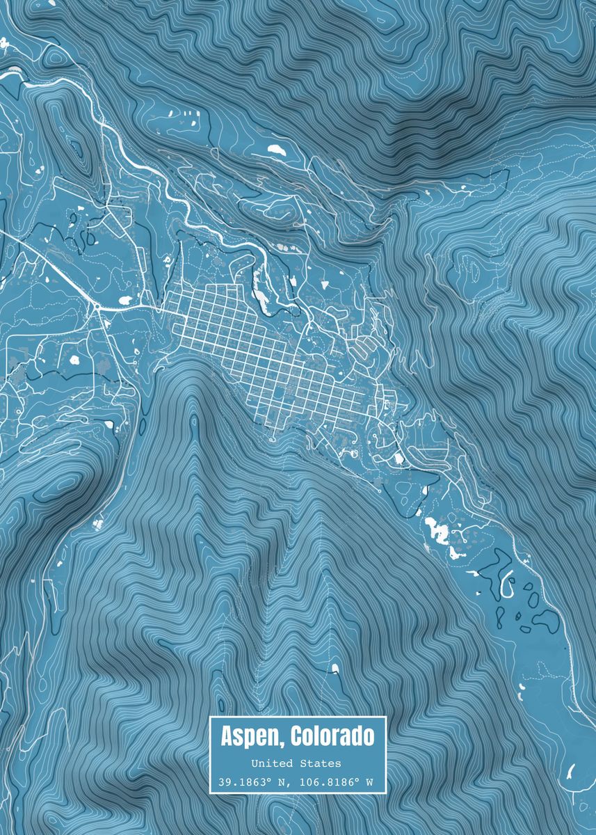 'Aspen Colorado Map Blue' Poster, picture, metal print, paint by ...
