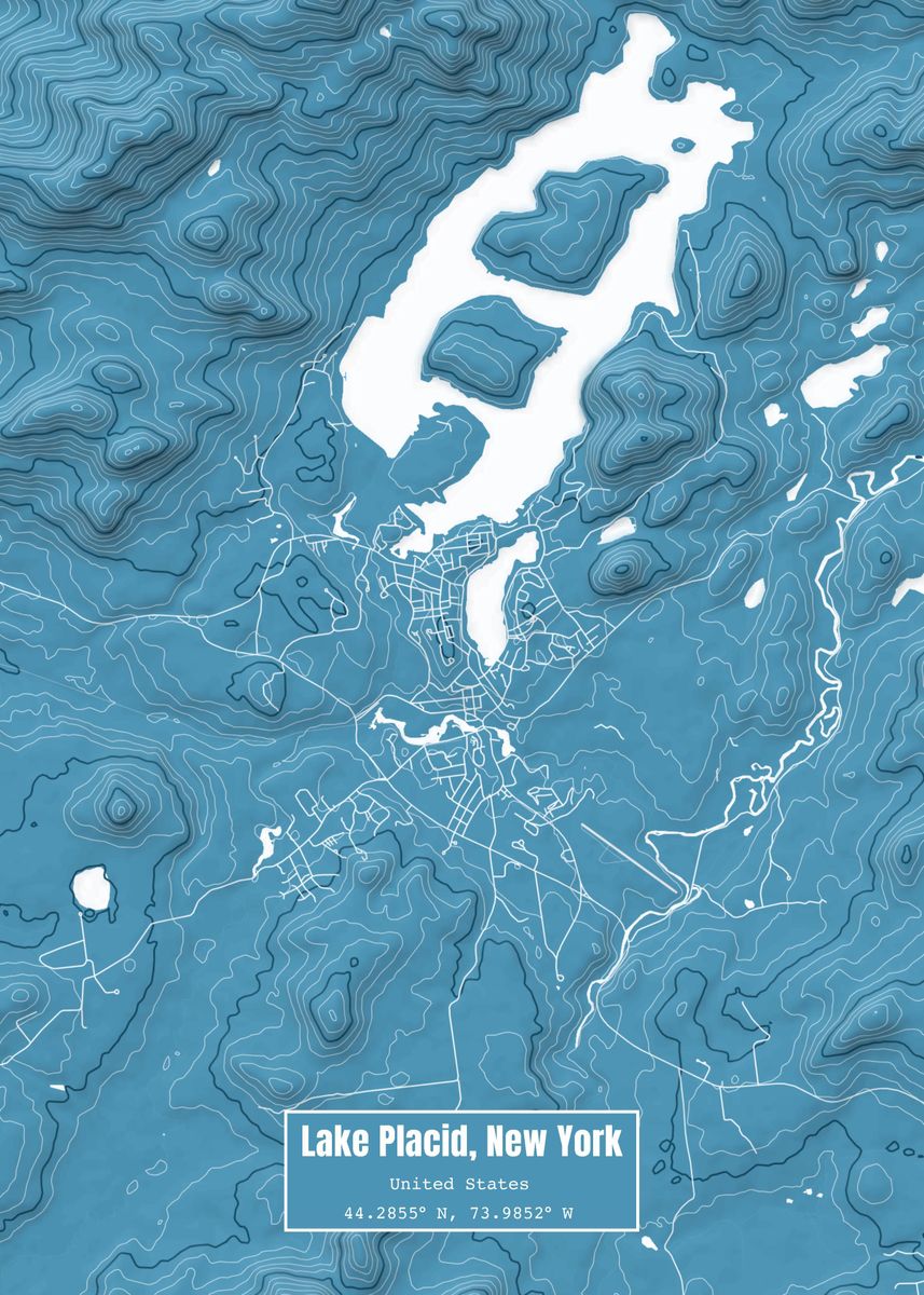 'Lake Placid NY Map Blue' Poster, picture, metal print, paint by ...