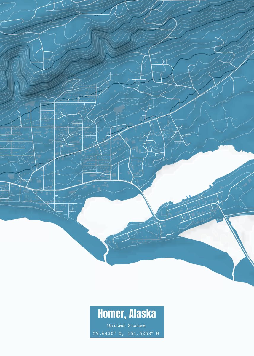 'Homer Alaska Topo Map Blue' Poster, picture, metal print, paint by ...
