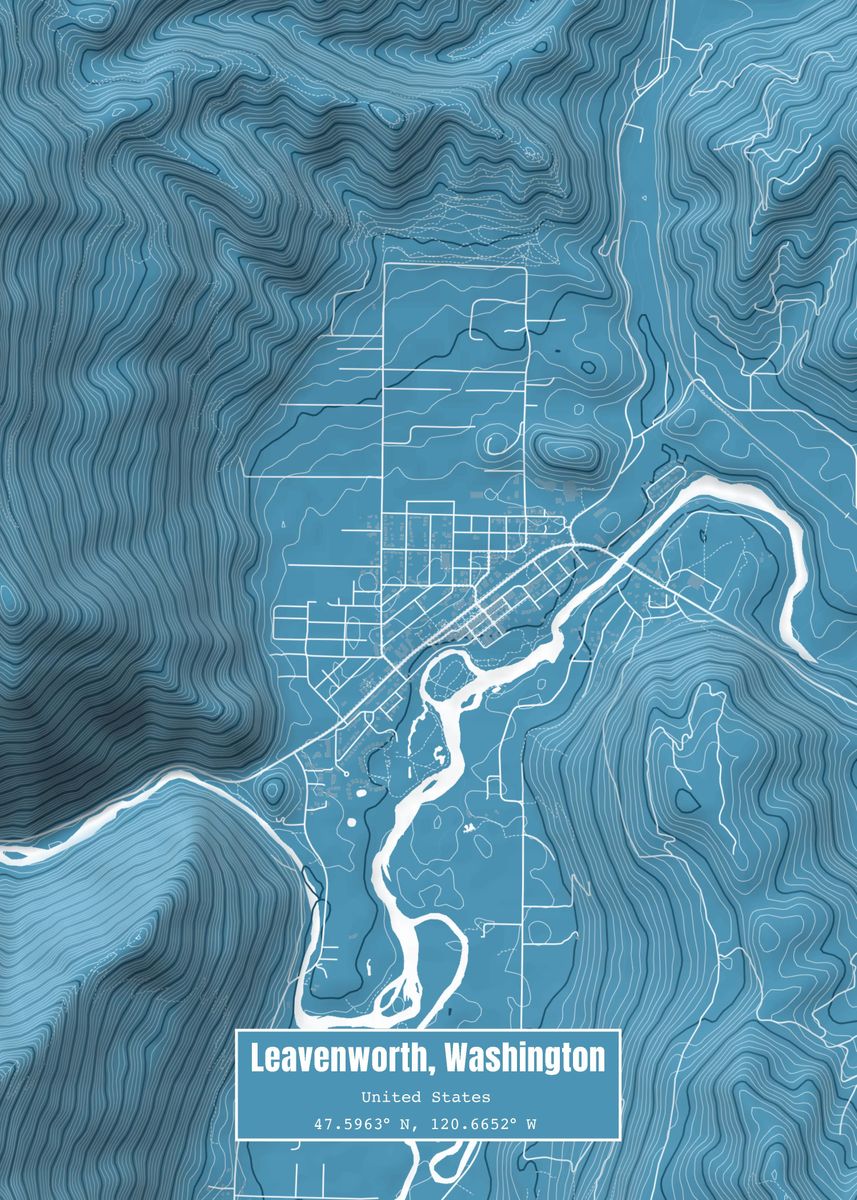 'Leavenworth WA Map Blue' Poster, picture, metal print, paint by ...