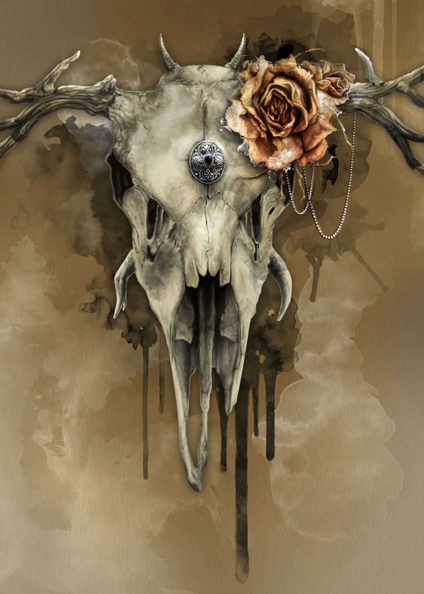 'Deer Skull with Rose' Poster, picture, metal print, paint by Sarah ...