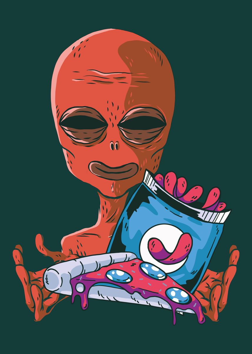 'Snack Alien Chips Pizza' Poster, picture, metal print, paint by ...