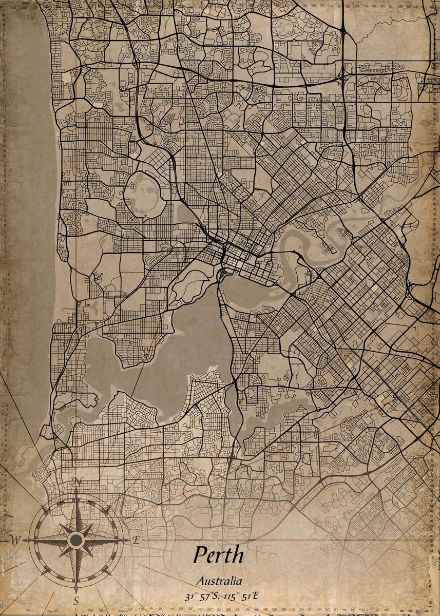 'perth vintage map' Poster, picture, metal print, paint by Project X ...