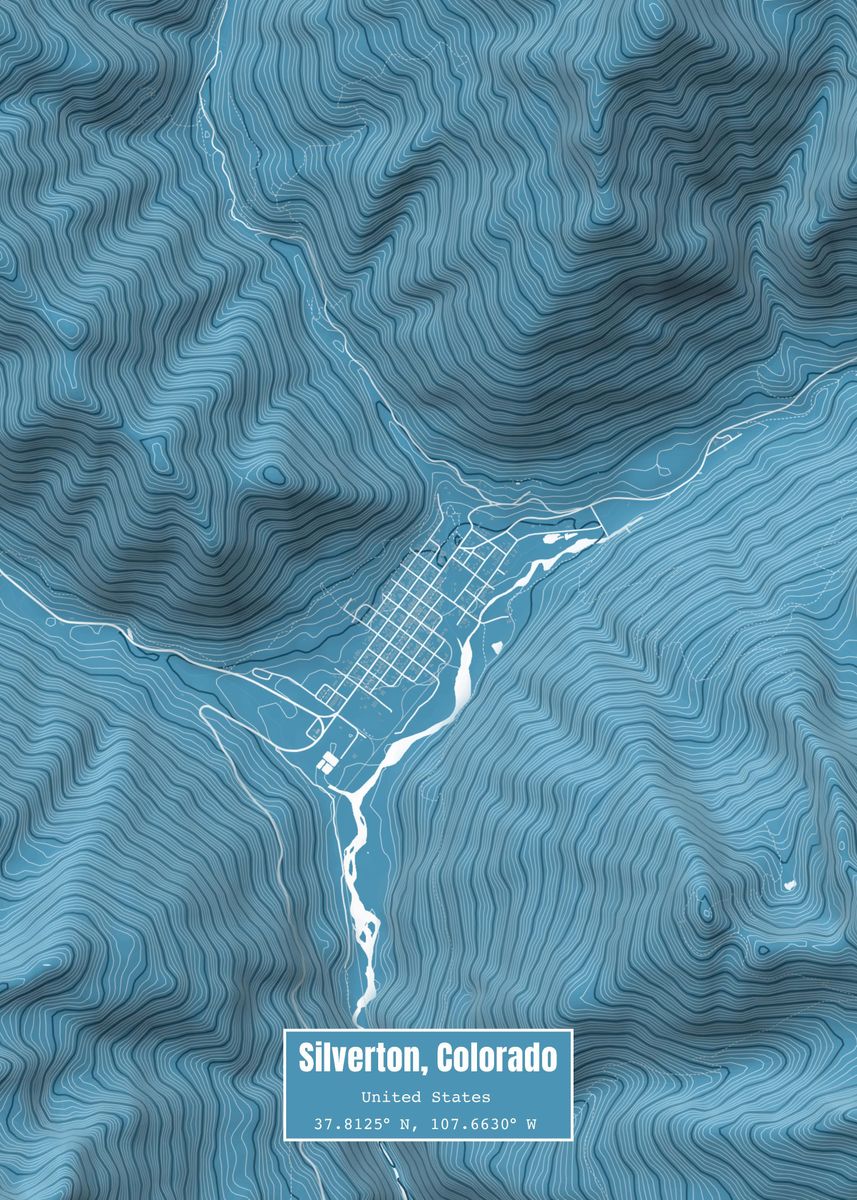 'Silverton CO Topo Map Blue' Poster, picture, metal print, paint by ...