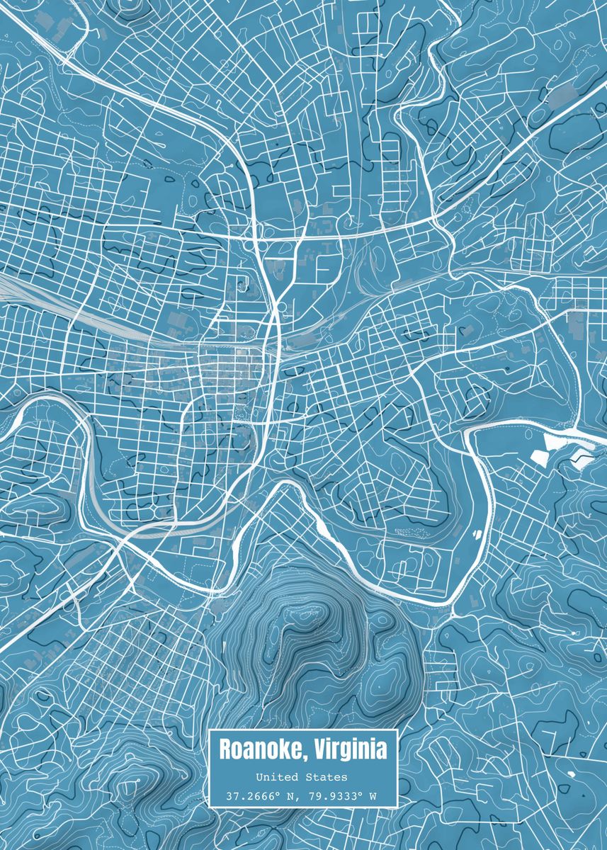 'Roanoke Virginia Map Blue' Poster, picture, metal print, paint by ...