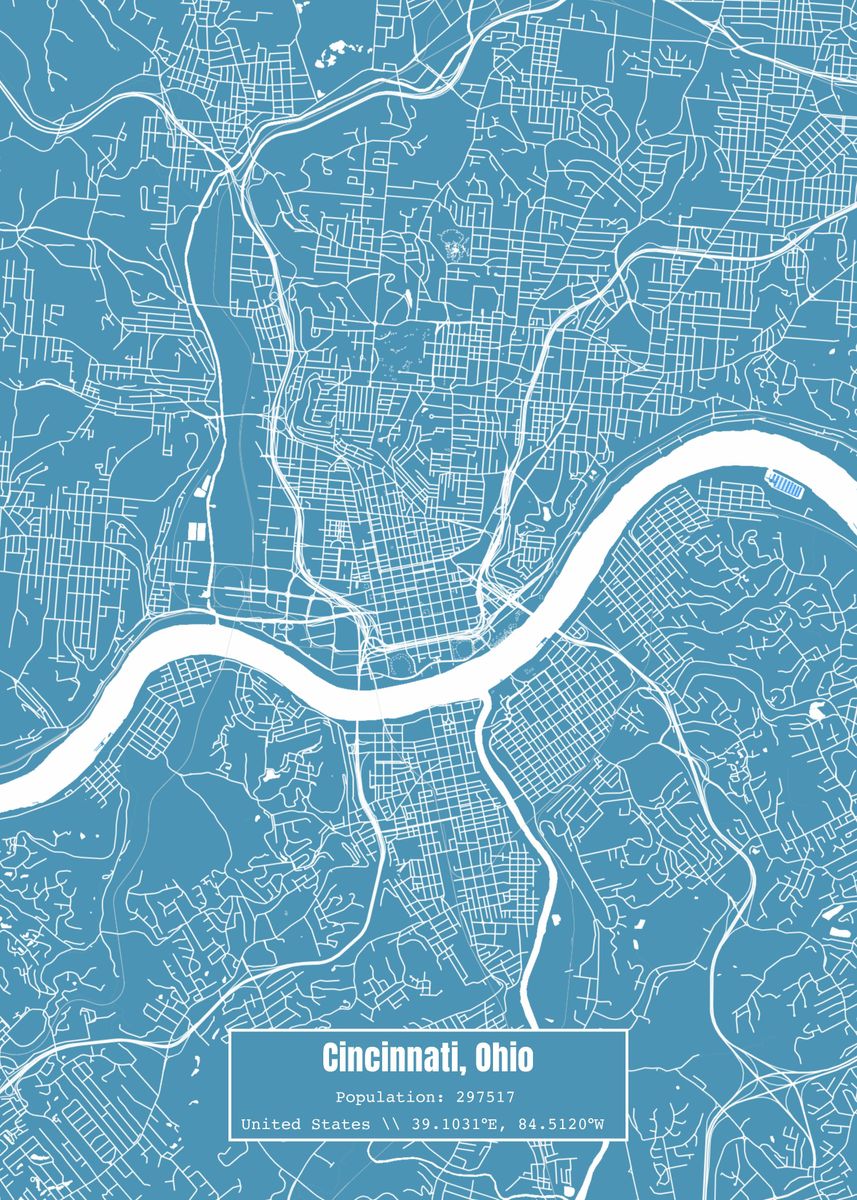 'Cincinnati Ohio Map Blue' Poster by Outward Cartography | Displate