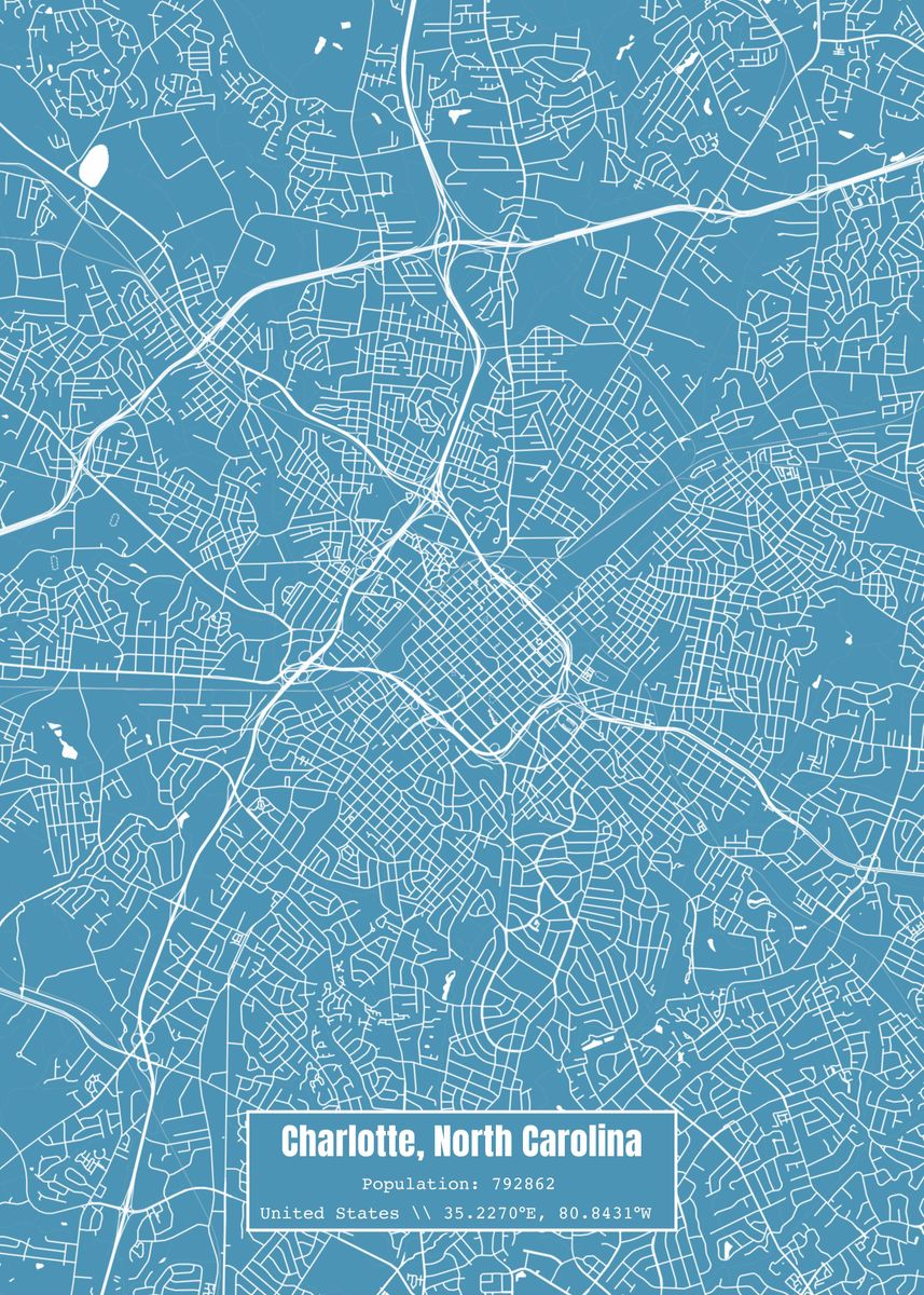 'Charlotte NC Topo Map Blue' Poster, picture, metal print, paint by ...