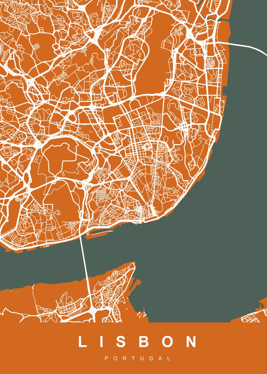 'Map Lisbon Portugal Orange' Poster, picture, metal print, paint by ...