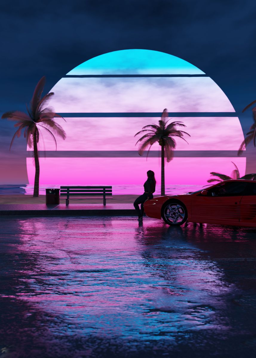 'Outrun Beach Sunset' Poster, picture, metal print, paint by Cherik ...