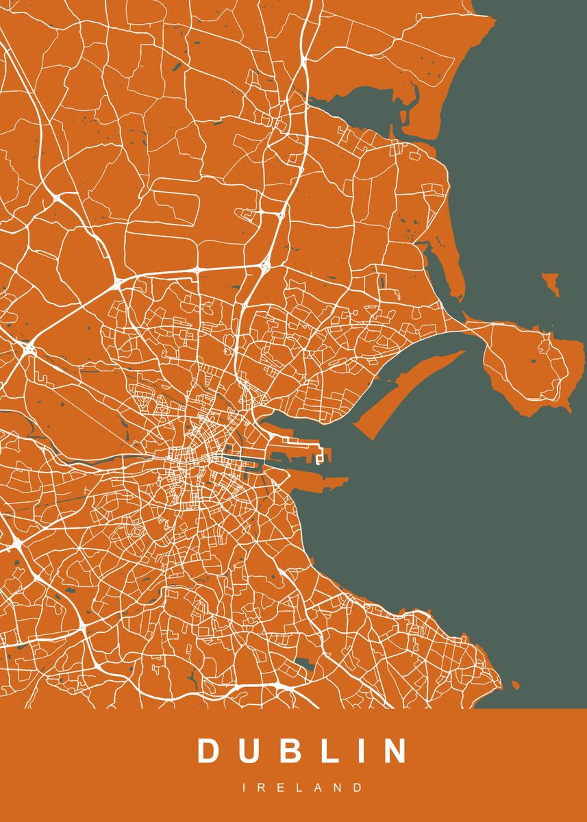 'Map Dublin Ireland Orange' Poster, picture, metal print, paint by ...