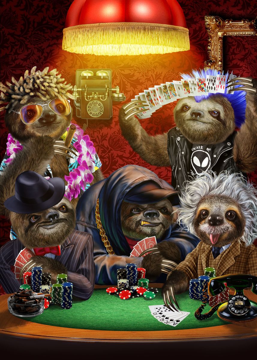 'Sloth Playing Poker Game' Poster, picture, metal print, paint by Jeff ...