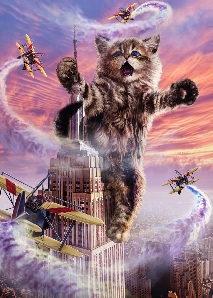 'Monster Cat Empire State' Poster, picture, metal print, paint by Jeff ...