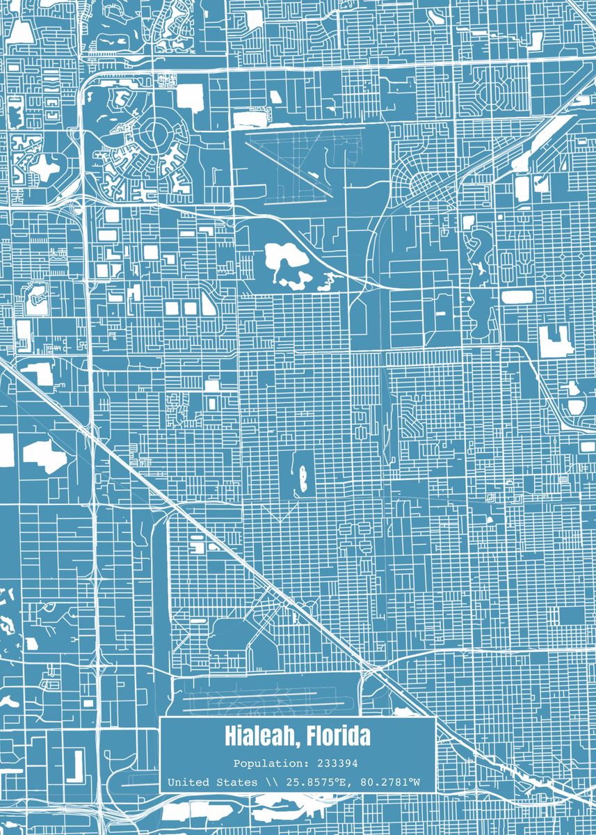 'Hialeah Florida Map Blue' Poster, picture, metal print, paint by ...