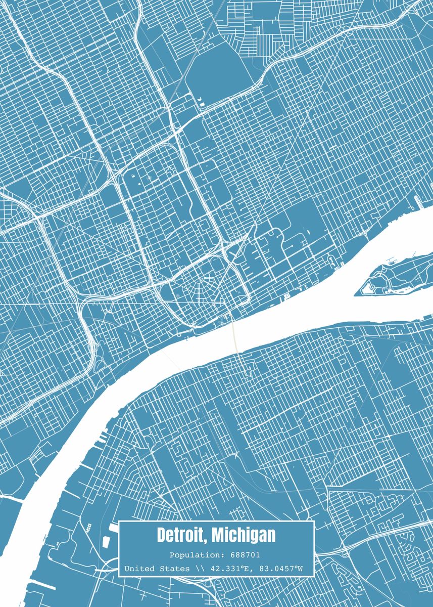 'Detroit Michigan Map Blue' Poster, picture, metal print, paint by ...
