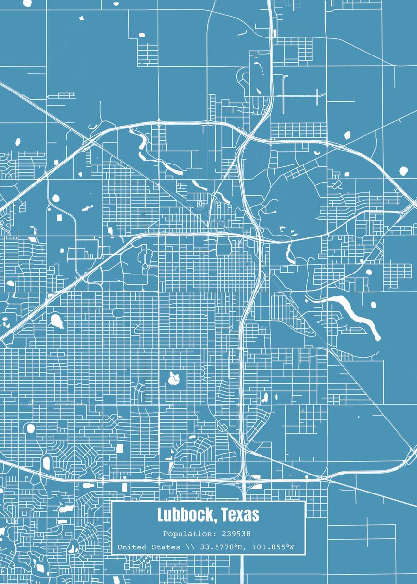 'Lubbock Texas Map Blue' Poster, picture, metal print, paint by ...