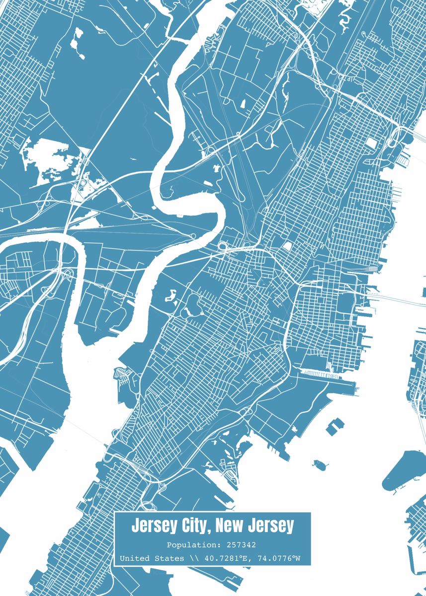 'Jersey City NJ Map Blue' Poster by Outward Cartography | Displate