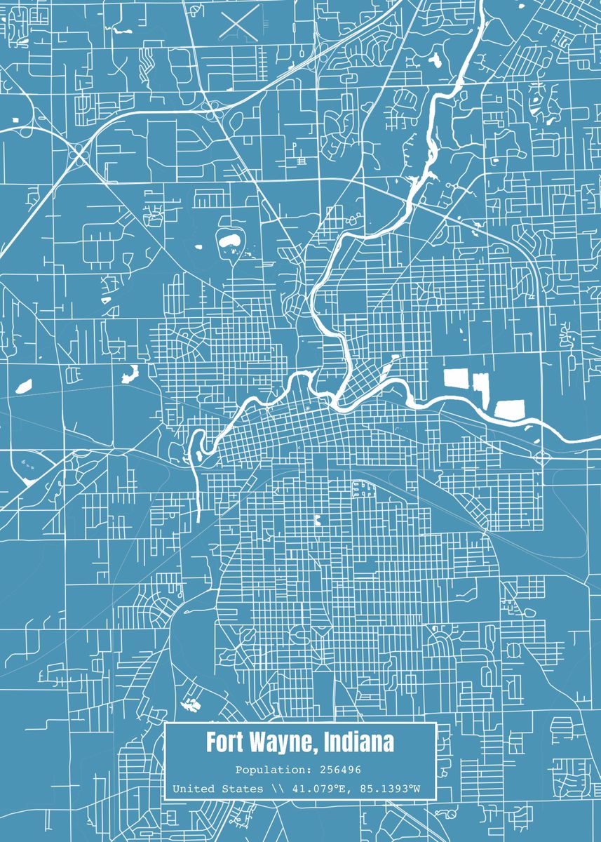 'Fort Wayne IN Map Blue' Poster by Outward Cartography | Displate