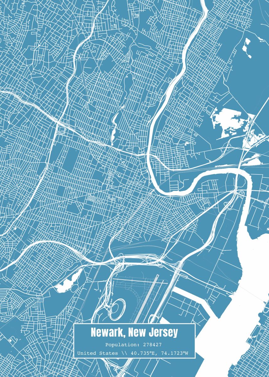 'Newark New Jersey Map Blue' Poster, picture, metal print, paint by ...