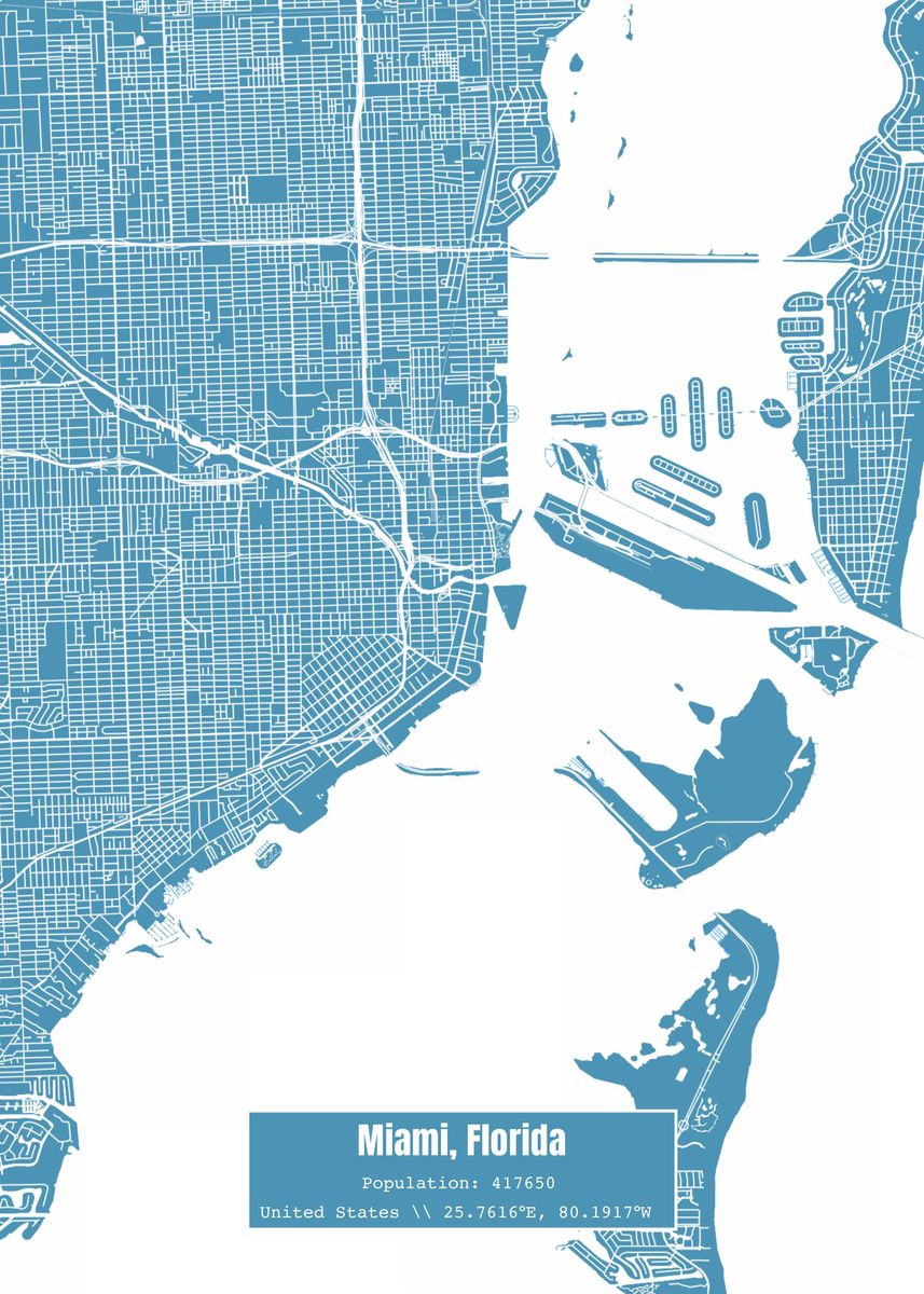 'Miami Florida Map Blue' Poster by Outward Cartography | Displate